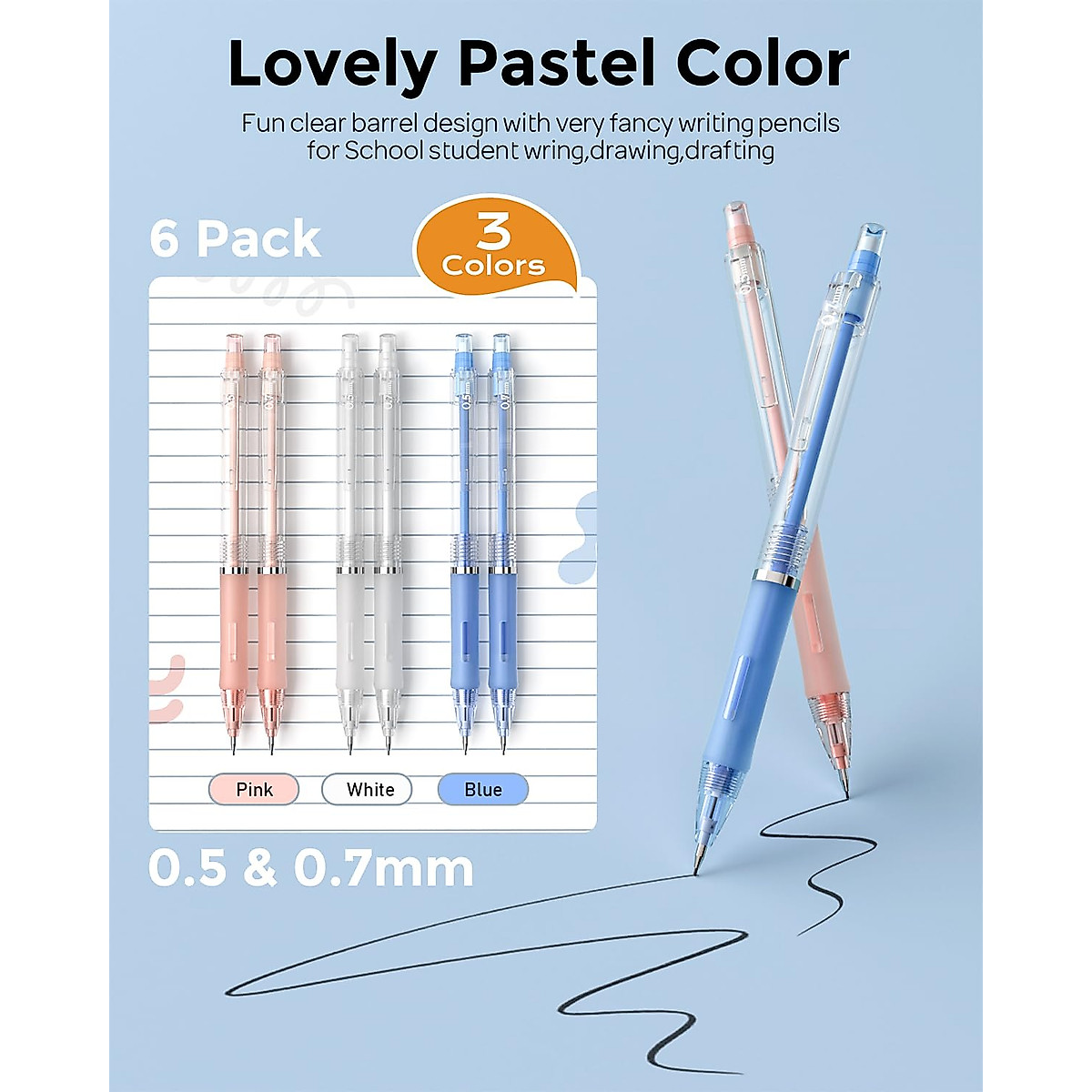 Nicpro 6 PCS Pastel Mechanical Pencil 0.5 & 0.7 mm with Case for School, with 12 tubes HB Lead Refills, 3 Erasers, 9 Eraser Refills For Student Writing, Drawing, Sketching, Blue & Pink & White Colors