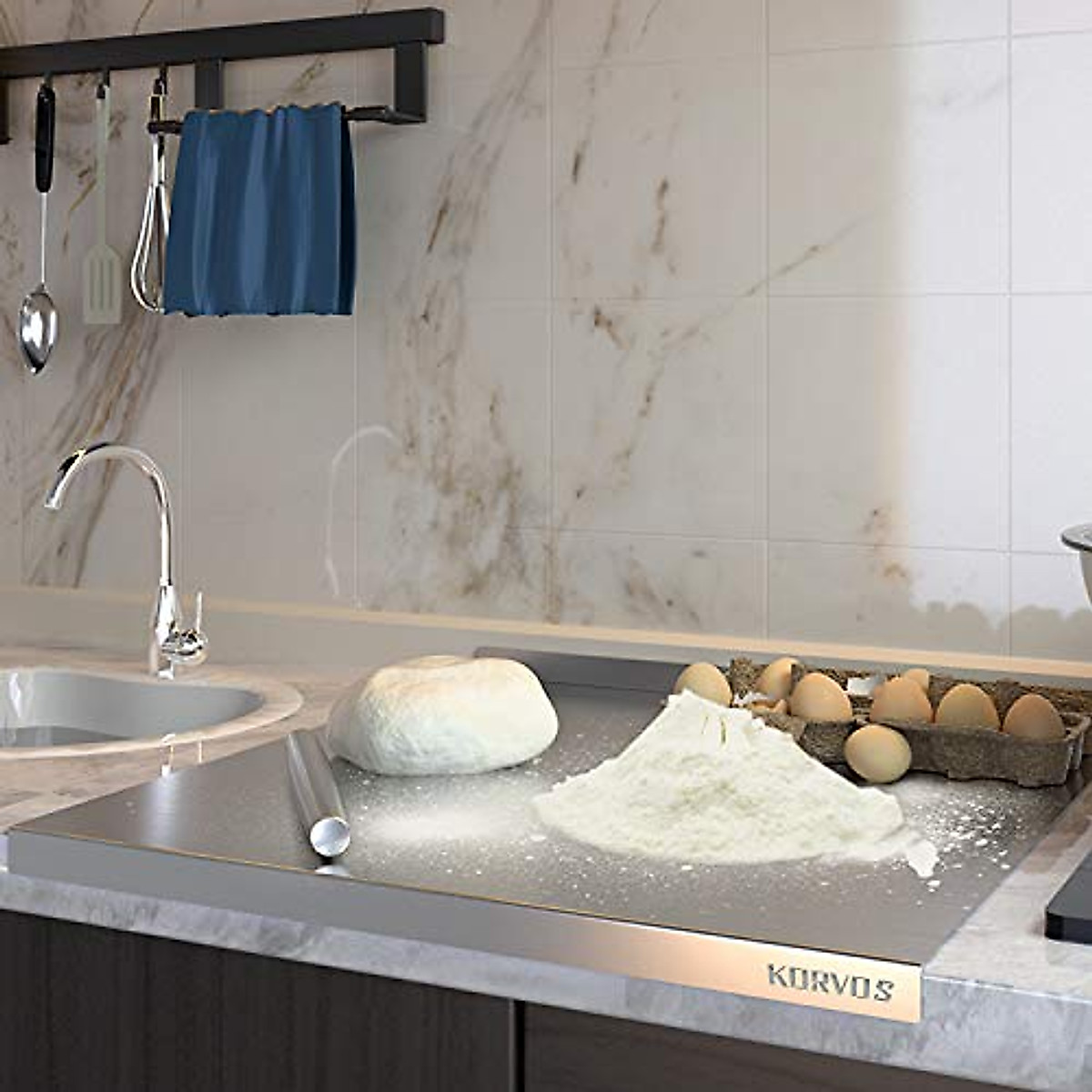 KORVOS 304 Cutting Boards, Large Stainless Steel Cutting Chopping Boards, Heavy Duty Baking Board with Lip for Kitchen, Pastry Board for Meat, Vegetables, Bread (size:23.6" X 19.6")