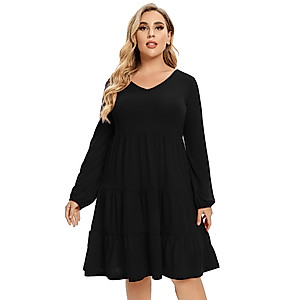 ShopWonder Women's Plus Size Casual Tunic Mini Dress Lantern Sleeve Ruffle Hem V Neck Loose Swing Fall Dresses Plus Size(Black,2XL)