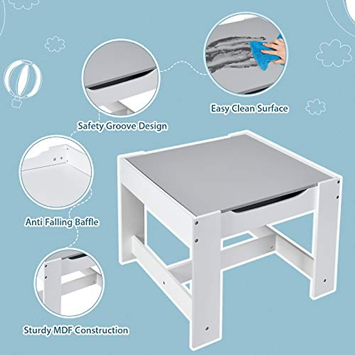 BETTARY 3 in 1 Kids Wood Table & Chair Set, Children Activity Table Set w/Storage Drawer, 3 PCS Wooden Furniture Set w/Detachable Blackboard & Activity Center for Toddlers Drawing Reading (Grey)