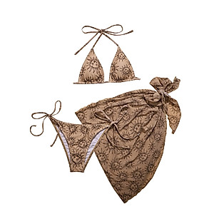 SOLY HUX Women's 3 Piece Swimsuits Print Halter Triangle Tie Side Bikini Bathing Suit with Cover Up Beach Skirt Brown XS