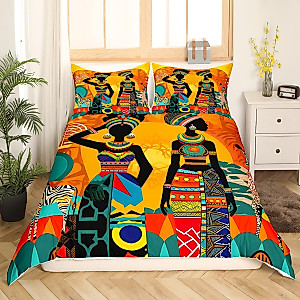 Feelyou Black Woman Bedding Set Ethnic Afro African Comforter Cover Set Traditional Exotic Duvet Cover Set Tribal Quilt Cover 1 Duvet Cover with 2 Pillowcases King