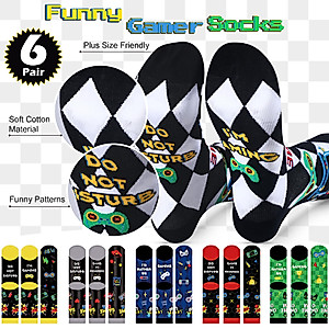 6 Pairs Funny Do Not Disturb I'm Gaming Socks Gamer Cotton Socks Novelty Socks Console Game Printed Christmas Santa Gifts Ideas for Teens, Husband, Boyfriend, Men, Fathers, Grandpas,