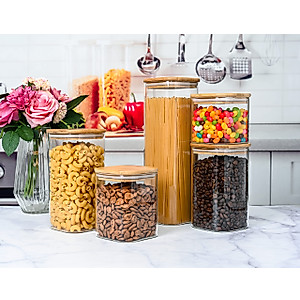 5 Square Canisters, Glass Kitchen Canister with Airtight Bamboo Lid, Glass Storage Jars for Kitchen, Bathroom and Pantry Organization Ideal for Flour, Sugar, Coffee, Candy, Snack & More