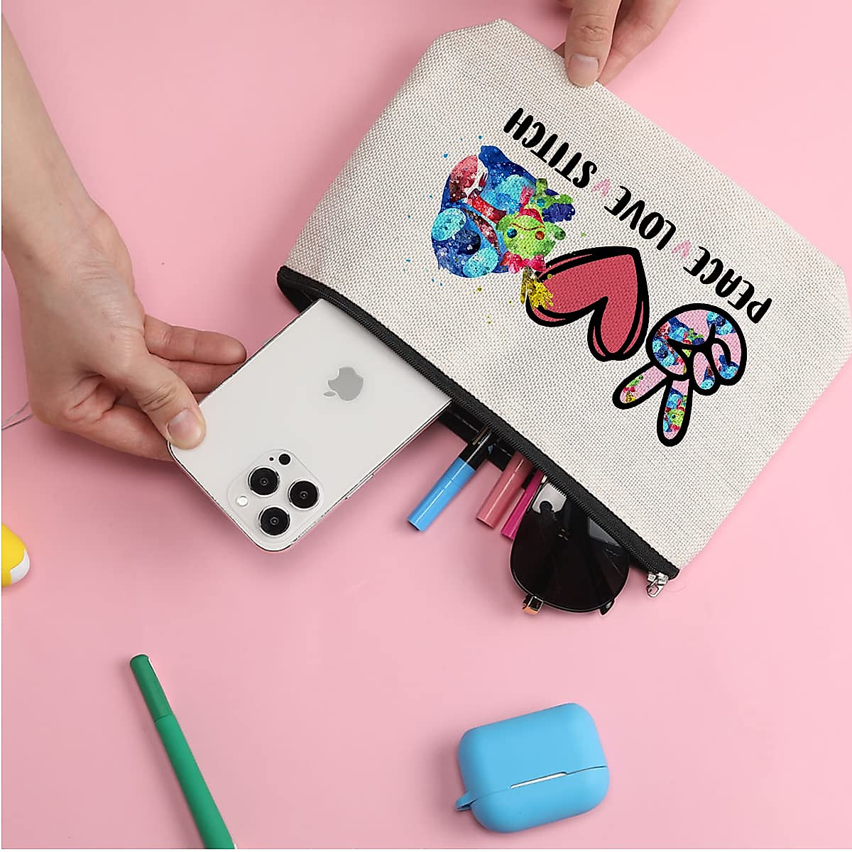 ZHAMEN Cartoon Lover Gift Hawaiian Cartoon Makeup Bag Peace Love Movie Fans Inspired Merchandise Gift for Girls Women Fans Teens Daughter Friends Her Nurse Graduation Birthday Christmas