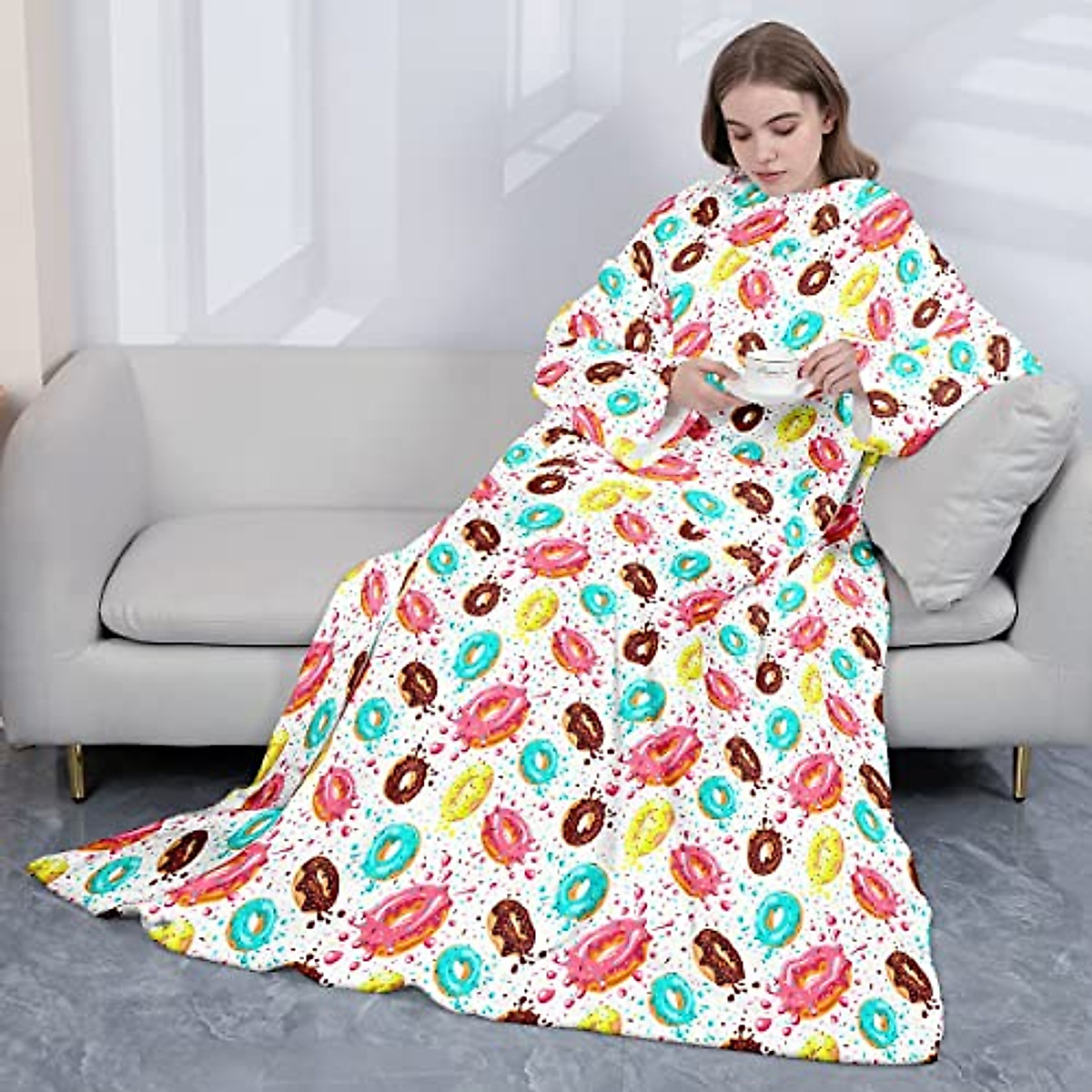 jejeloiu Chocolate Doughnut Fleece Blanket with Sleeves for Women,Whimsical Dessert Wearable Blanket Warm Cozy, Abstract Desserts Food Super Soft Sleeved Throw with Arm, 50"x70", Colorful