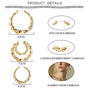 Hanpabum 3 Pairs Bamboo Earrings Large Hoop Earrings Set Gold Tone Round Statement Hip-Hop Earrings For Women (A)
