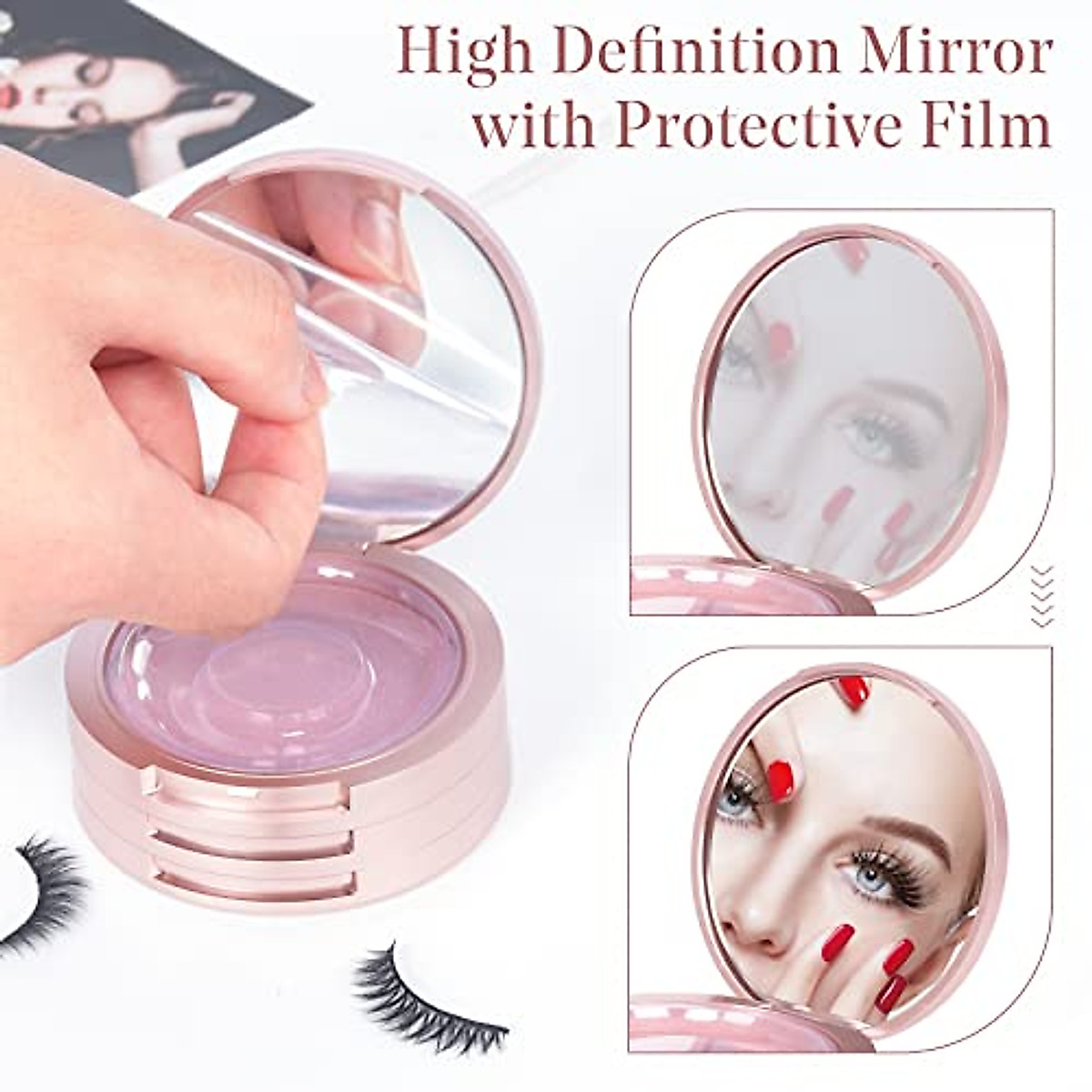 Buqikma 3 Layers Circle Eyelash Box with Mirror, Empty Eyelash Storage Case Organizers Travel Lash Case with Lash Holder for Cosmetic （Rose Gold）