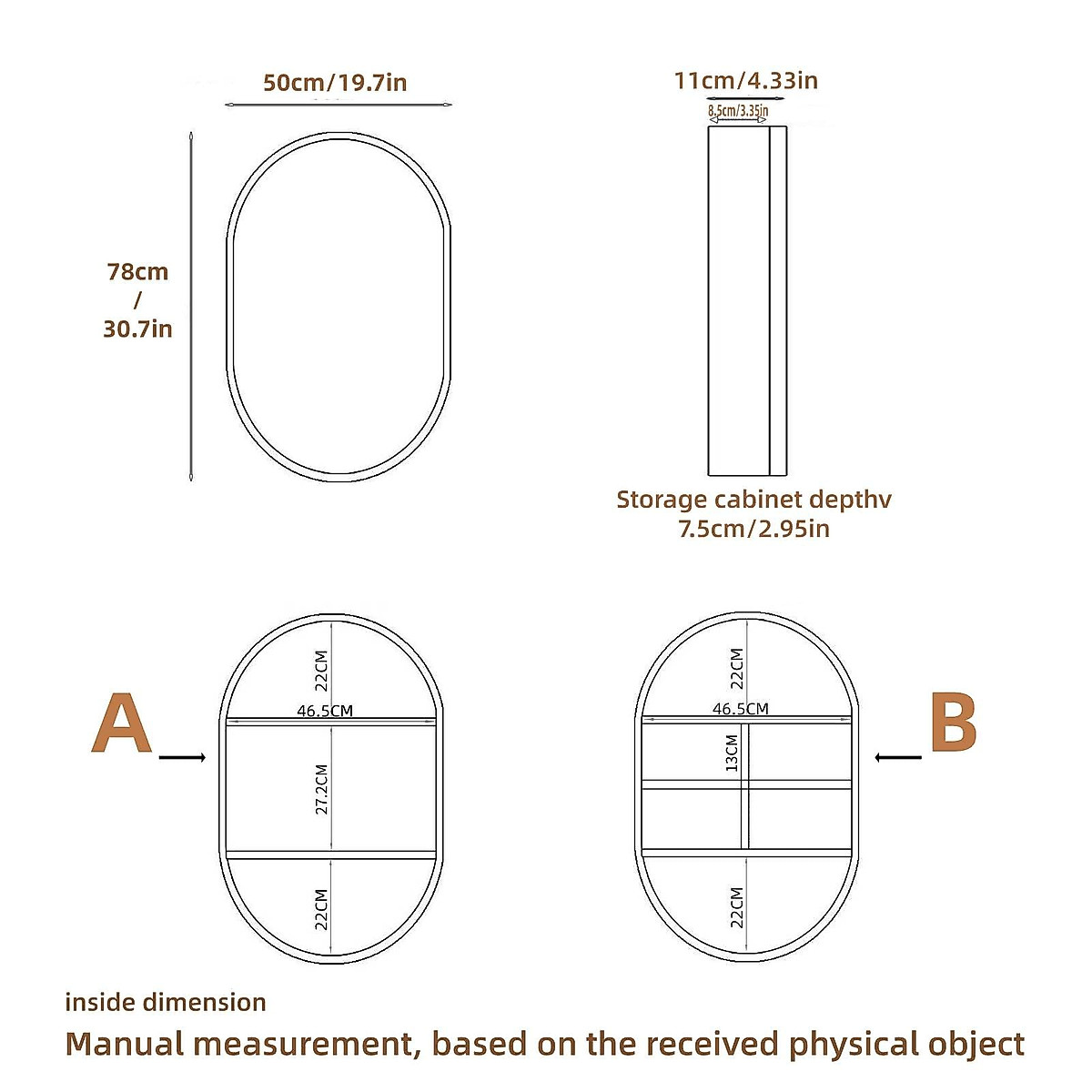 CHER-BUEATY Medicine Cabinet Bathroom Space Saver Storage Oval Cabinets with Mirror Surface Wall Mounted Solid Wood Circular Frame 4 Level 19.7 X 30.7 inch (Style B, White)