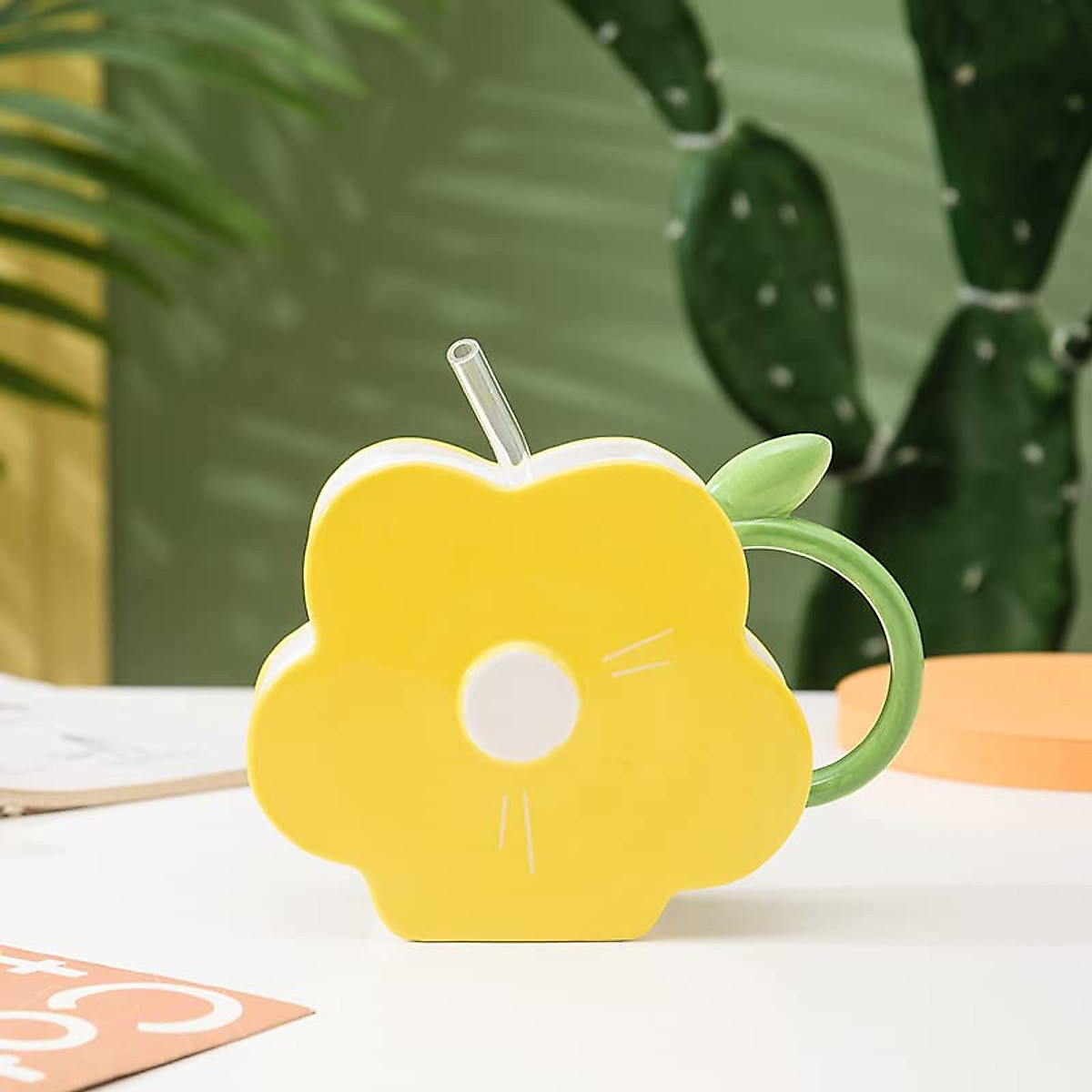 berjaya 13 oz Flower Shaped Ceramic Mug with Straw and Lid Large Capacity Coffee Home Decoration Gift (yellow)