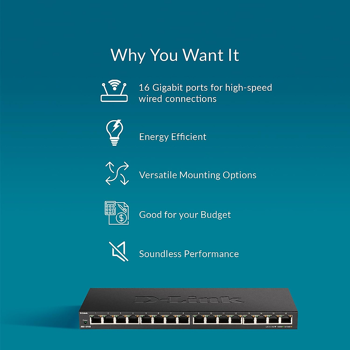 D-Link Ethernet Switch, 16 Port Gigabit Slim Switch Plug and Play, Unmanaged, Metal Housing, Quiet Fanless Design, IEEE 802.3az EEE, 5-Year Limited Warranty (DGS-1016S) Black