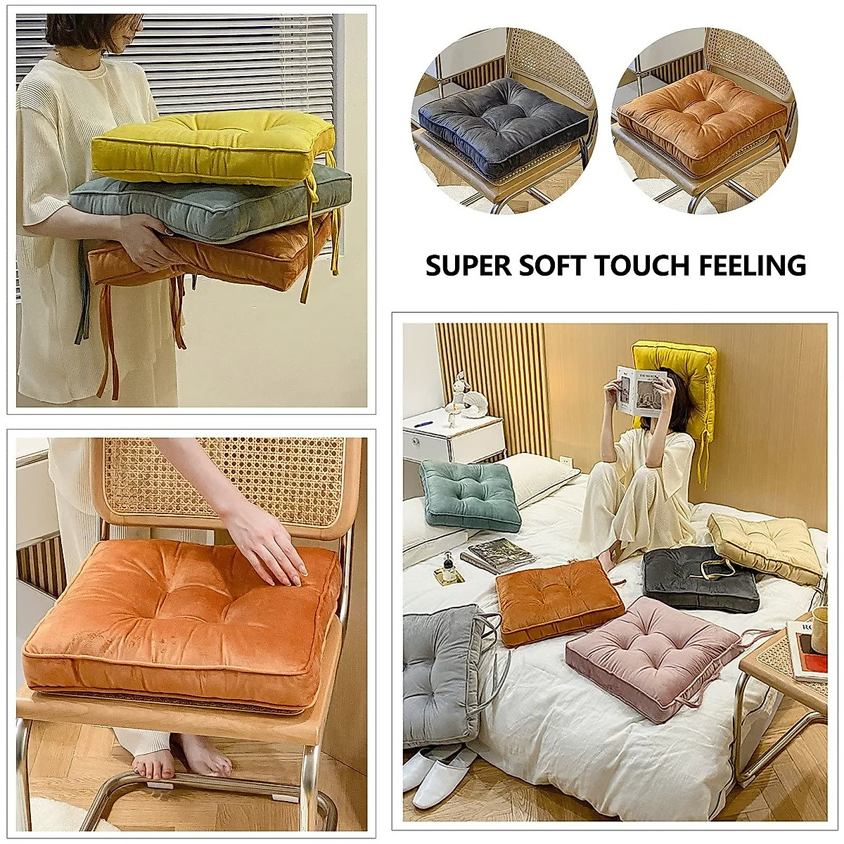 Square Dining Room Chair Cushions Set of 6, Chair Pads for Dining Chairs 6 Pack with Ties, Extra Thick Seat Cushion with Anti-Slip Straps and Hidden Zipper, Durable Velvet Cover Cyan