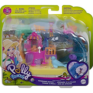 Polly Pocket Pollyville Playset, Sunshine Beach with Micro Doll, Seal Figure, Flamingo Toy Boat & Accessories