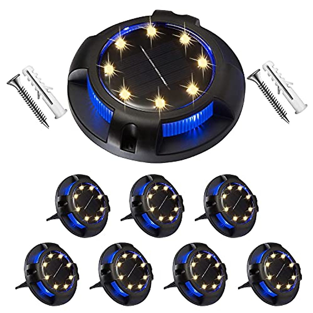 Solar Ground Lights Outdoor 8Pack 8 LED Solar Disk Lights,Solar Disc Lights Outdoor Waterproof,In ground Solar Garden Lights for Pathway Lawn Yard Deck Walkway Driveway(Warm White+Blue light)