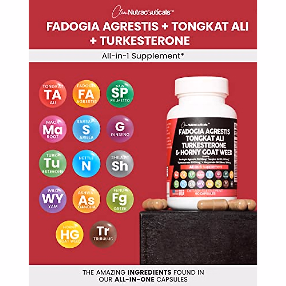 Fadogia Agrestis 5000mg Tongkat Ali 25000mg Turkesterone 5000mg Supplement with Horny Goat Weed, Saw Palmetto, Maca Root, Siberian Ginseng, Tribulus Terrestris, Fenugreek, Wild Yam USA - 60 Count