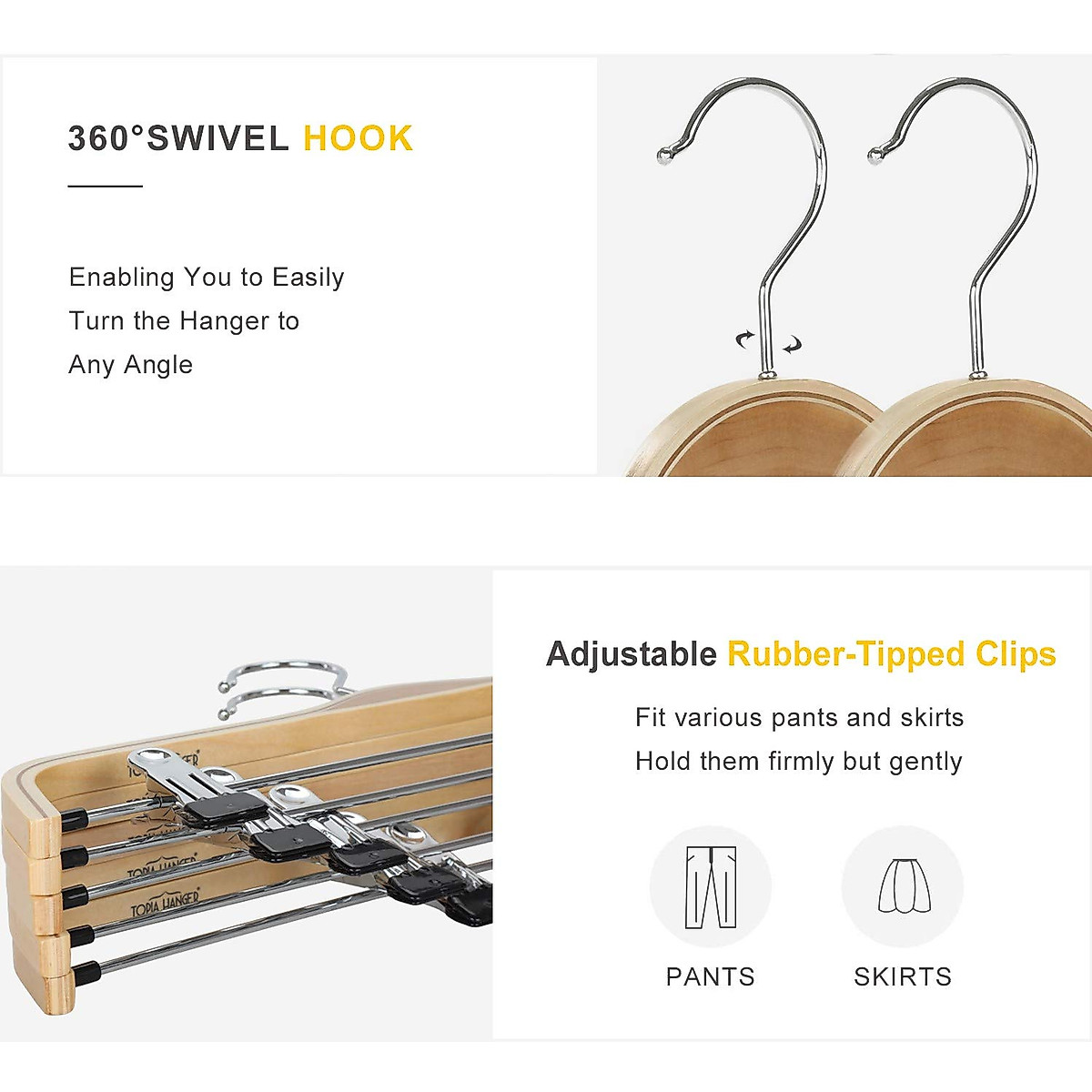 TOPIA HANGER Wooden Pants Hangers,Slim Natural Wood Skirt Hangers with Anti-Rust Hook and Adjustable Metal Clips, Perfect for Skirts, Pants, Slacks-10 Pack-CT17N