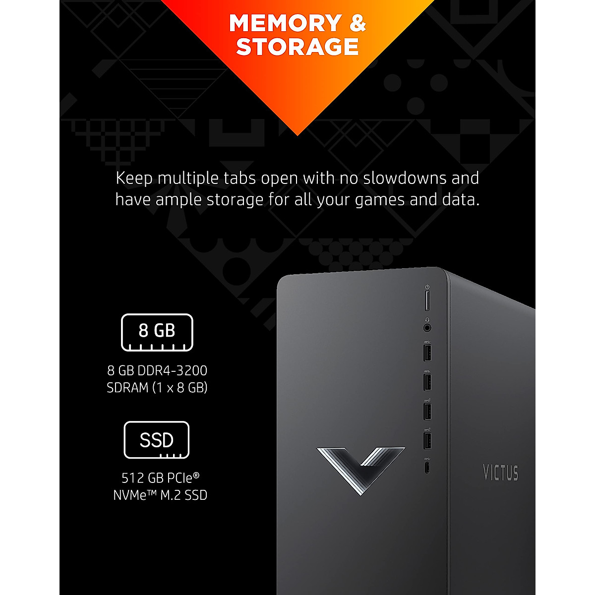 HP Victus 15L Gaming Desktop - 12th Gen Intel Core i5-12400F, 2.50 GHz - 8 GB SDRAM, 512 GB M.2 SSD - NVIDIA GeForce RTX 3050 - Windows 11 Home, Wi-Fi 6 & Bluetooth, 9 USB Ports (TG02-0021, 2022)