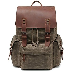 MUMAIS Military Style Waxed Canvas Backpack Laptop Genuine Leather(Oil Wax Waterproof) School Bag Vintage Computer Backpack For Men&Women,Professional Outdoor Hiking Travel Shoulder(Army Green)