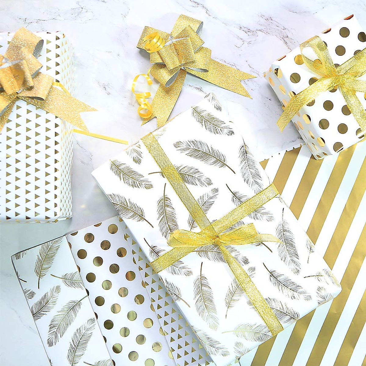 Gift Wrapping Supplies,8 Sheets White Gold Gift Wrapping Paper with 10 Pull Bows 24 Yard Glitter Ribbon and 12 Thank You Lable Sticker for Birthday Gift Wrap Christmas Gift Packing DIY Paper Craft