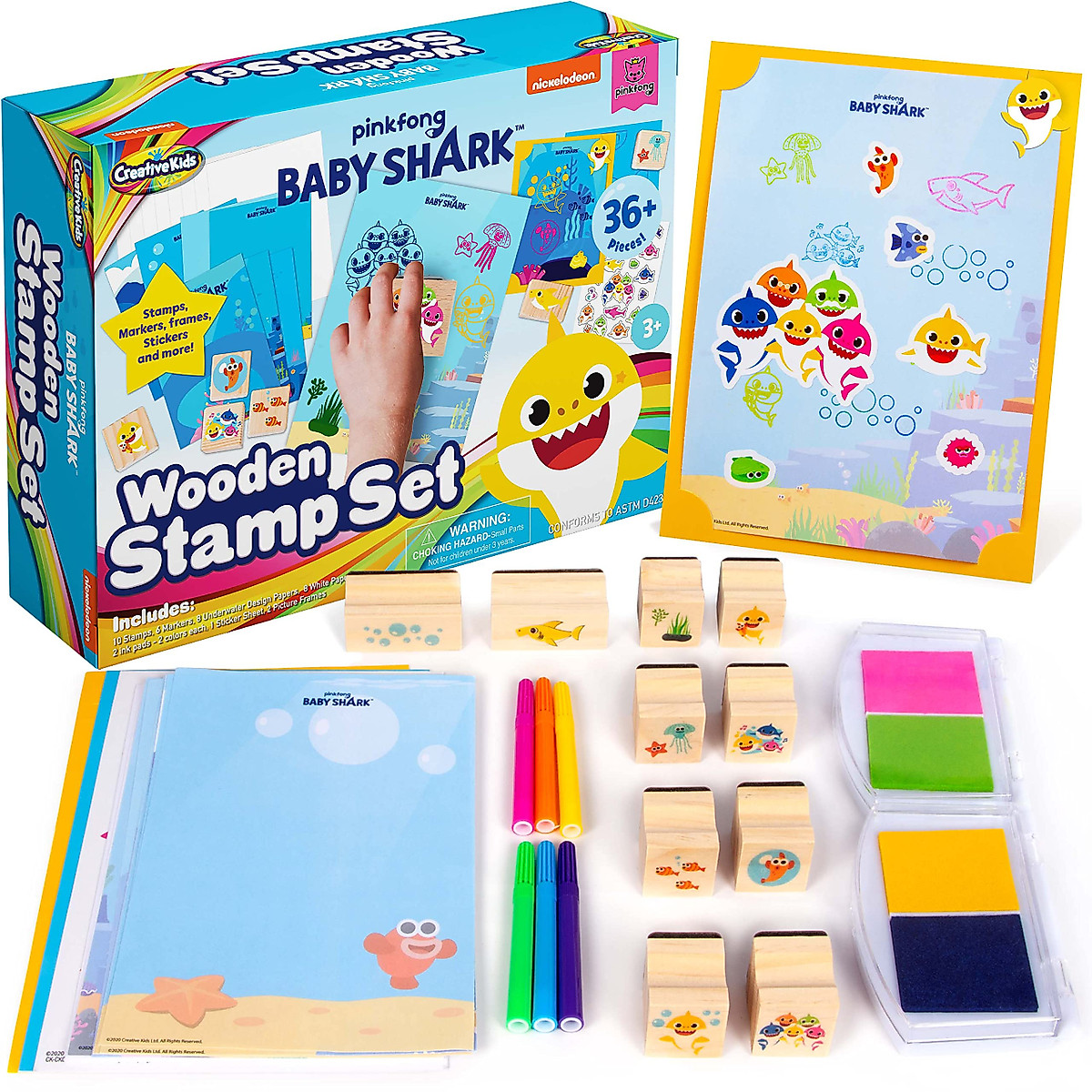 Creative Kids Baby Shark Stamp Set 36 Piece Wooden Stamps Set Includes Ink Pads, Stickers, Markers, Picture Frames - Montessori Wood Stamp Birthday Gift Set for Girls & Boys Toddlers Ages 3+