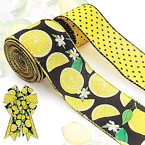 ALIBBON 2 Rolls 2.5" × 5 Yd Summer Lemon Wired Ribbon Summer Flower Burlap Ribbons Fruits Ribbon Flaxen Yellow Dots Ribbon for Summer Wreath DIY Crafting Gifts Wrapping Party Decoration