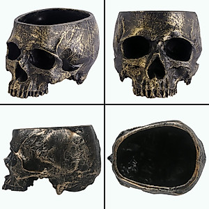 Halloween Skull Candy Dish- Deep Skull Head Halloween Candy Bowl Holder Artificial Resin Skulls Decor Indoor Outdoor Table Centerpieces Flower Pot Plant Office Pen Holder Desktop Ornaments - Bronze