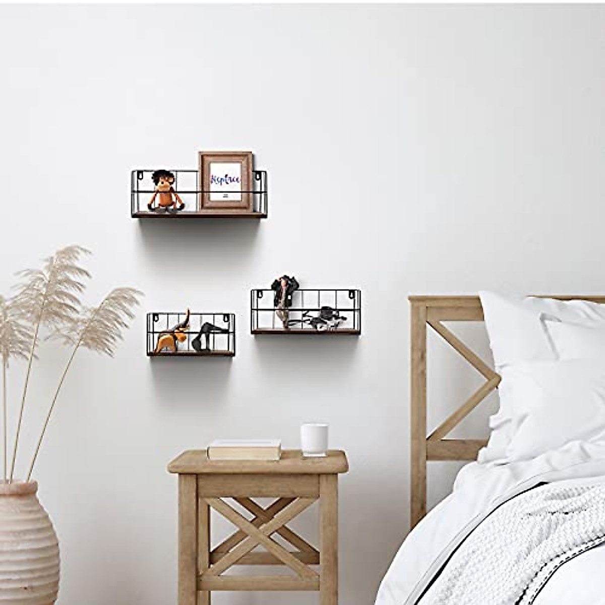 HORLIMER Floating Wall Shelves Set of 3, Rustic Wood Wire Frame Hanging Shelf for Bathroom Bedroom Living Room Kitchen