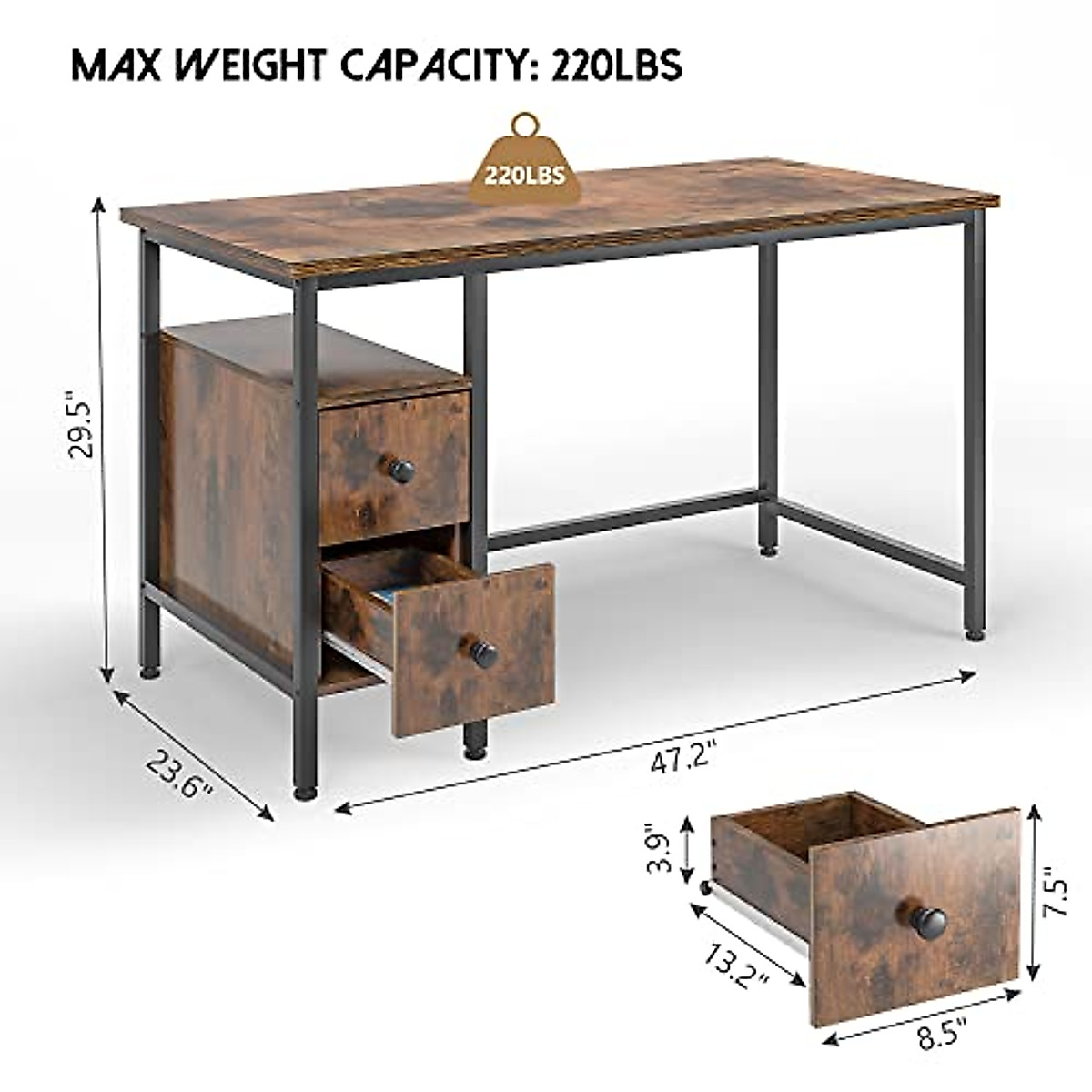 GIKPAL Computer Desk for Home Office, Study Writing Desk with 2 Drawers, Desk with Storage for Bedroom 47 inch, Black/Rustic Brown (Rustic Brown)