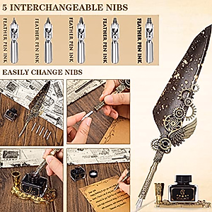 NC Quill Pen Ink Set, Includes Quill Pen, Notebook, 5 Replaceable Nibs, Ink, Pen Holder, Cup, Seal Stamp, Spoon, Wax Bead, White Wax, Envelope & Letter Paper Etc. Beautiful Gift Calligraphy Set.(Grey)
