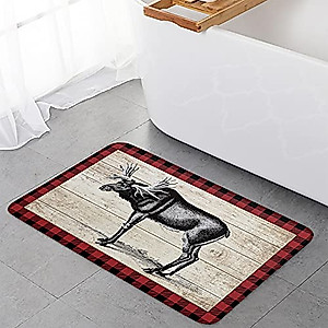 Christmas Bath Rugs Winter Christmas Reindeer Sponge Doormat Absorbent Non Slip Durable Flannel Mat Red Buffalo Plaid Retro Wood Grain Christmas Memory Foam Mats for Bathroom Kitchen 18 x 30 inches