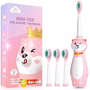 DADA-TECH Kids Electric Toothbrush Rechargeable, Sonic Silicone Teeth Brush with Timer for Children Boys Girls Ages 3+, 3 Modes with Memory, 4 Soft Brush Heads (Pink Shiba Inu Dog)