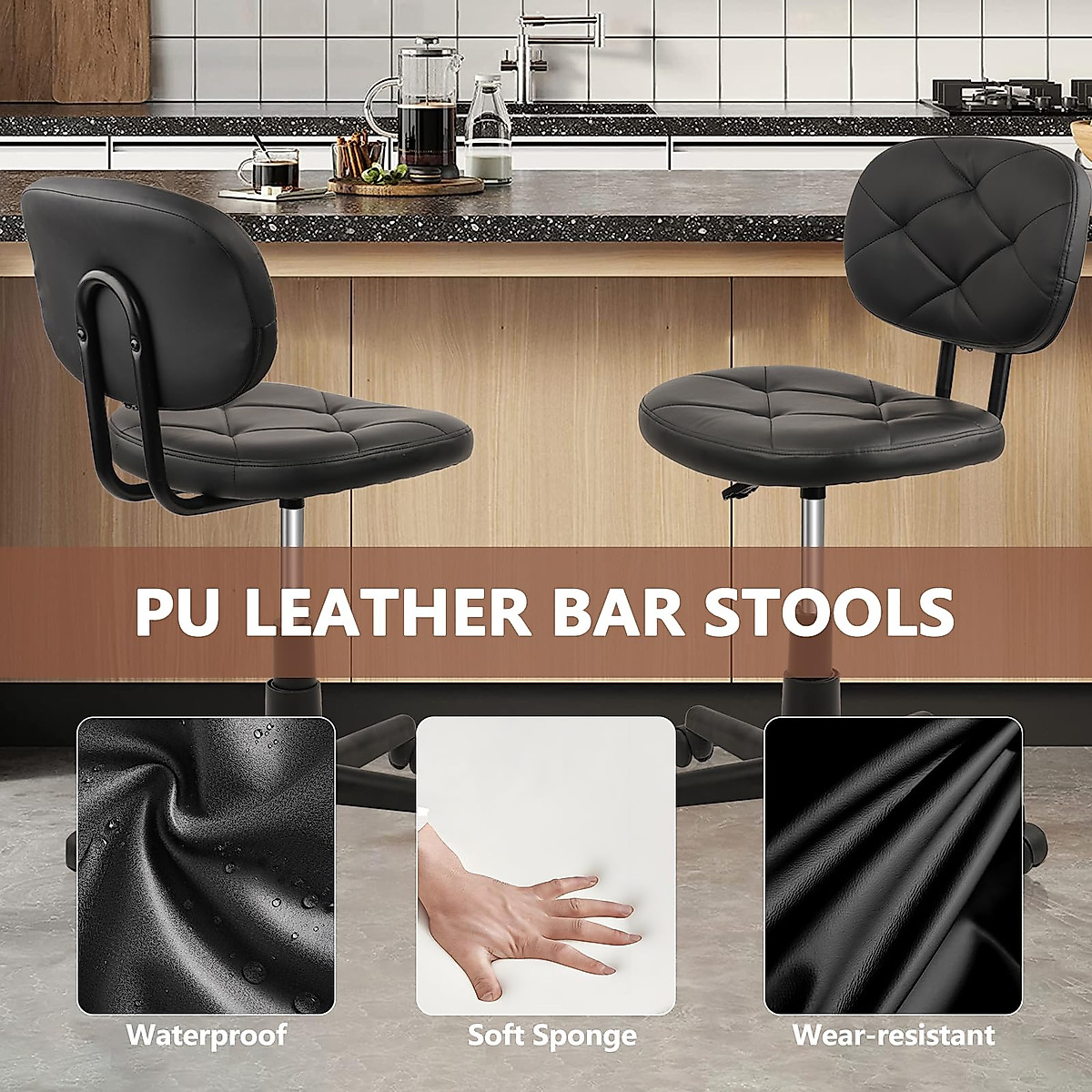 KLASIKA Rolling Stool Chair with Adjustable Height and PU Leather Backrest for Home Standing Desk Computer 2 Pack