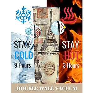 Onebttl Paris Gifts for Women, Insulated Stainless Steel Wine Tumbler with Lid and Straw, Vintage Cup, 20 oz