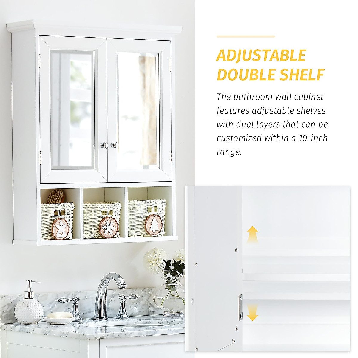 VKTO Bathroom Wall Cabinet with Mirrors,Wall-Mounted Storage Organizer Over Toilet with 3 Storage Baskets and 2 Adjustable Shelves, Bathroom Mirror Medicine Cabinet for Bathroom, Kitchen,White