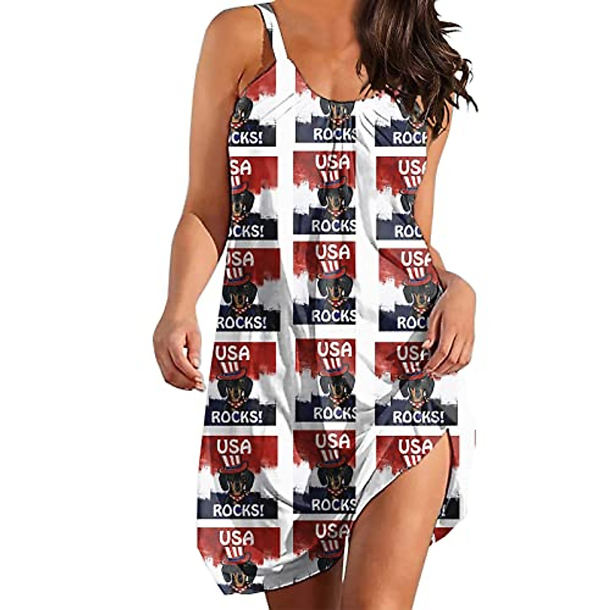 Women's Summer Casual Sleeveless Side Slit Halter Long Maxi Beach Dress N0109 Dark Blue#5X-Large Vestido Bandera USA para Mujer