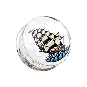 Covet Jewelry Sailing Ship Clear UV Double Flared Ear Gauge Plug (7/8" (22mm))