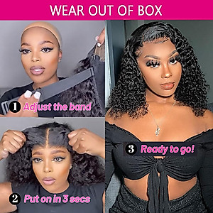 GOLFMAX Wear and Go Glueless Wigs Human Hair Pre Plucked Pre Cut Short Bob Wigs With Elastic Band For Black Women Deep Wave Curly 4x4 Closure Wig Water Wave Wigs Human Hair 12 Inch