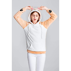 CORIRESHA Cute Coral Velvet Long Sleeve Shiba Inu Dog Home Wear Clothes Hoodie Sweatshirt with 3D Dog Ear and Dog Tail,White,Medium