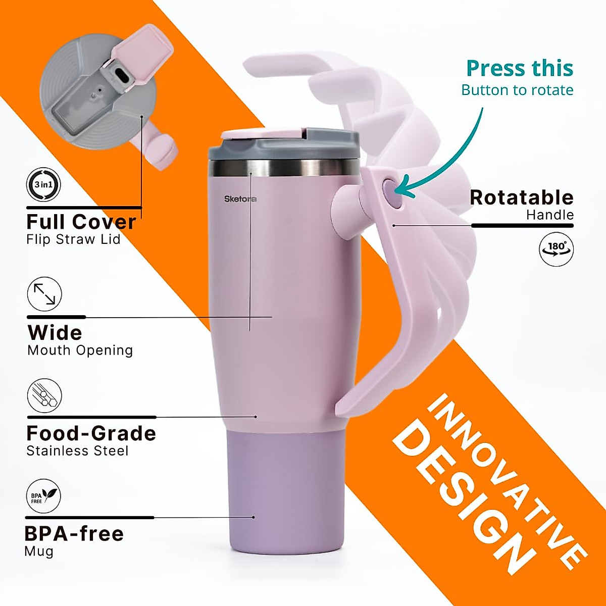 SKETORA 32oz Insulated Tumbler with Rotatable Handle and Flip Straw Lid - Stainless Steel Travel Mug for Hot & Cold Drinks, Arctic White