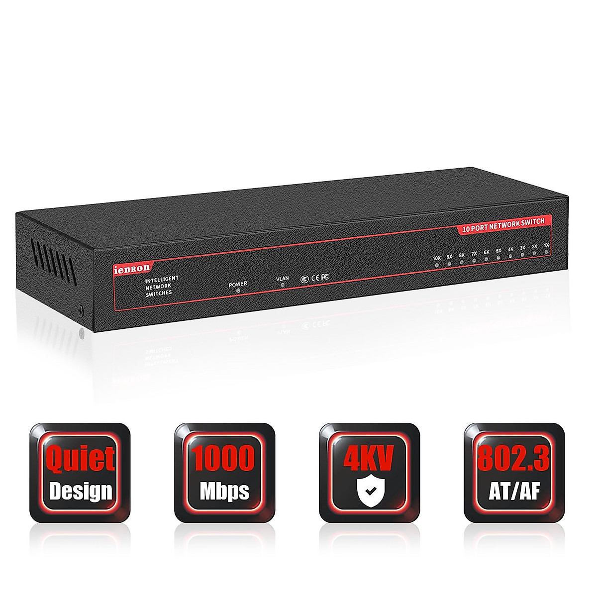 ienRon 10 Port Gigabit Switch, 8 Gigabit Ports + 2 Gigabit Uplink Ports, Unmanaged Ethernet Switch, Internet Switch Network Switch with AI Detection VLAN Mode | Plug and Play| Fanless Metal Design