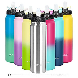Insulated Water Bottle 32 oz Stainless Steel Water Bottles with One-Click Open Straw Lid,Double Wall Vacuum Wide Mouth BPA Free Sweat/Leak-Proof for Sports Gym Travel Camping(Pink-Purple)