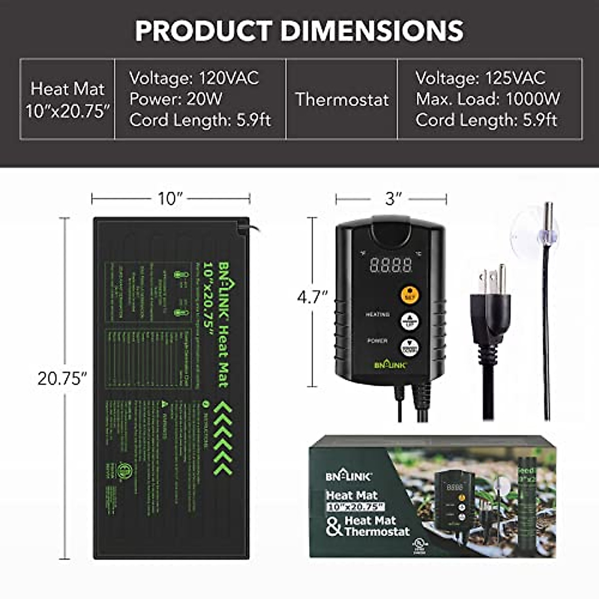 BN-LINK Durable Seedling Heat Mat Heating Pad 10" x 20.75" with Digital Thermostat Controller Combo Set Waterproof for Indoor Seed Starting and Plant Germination
