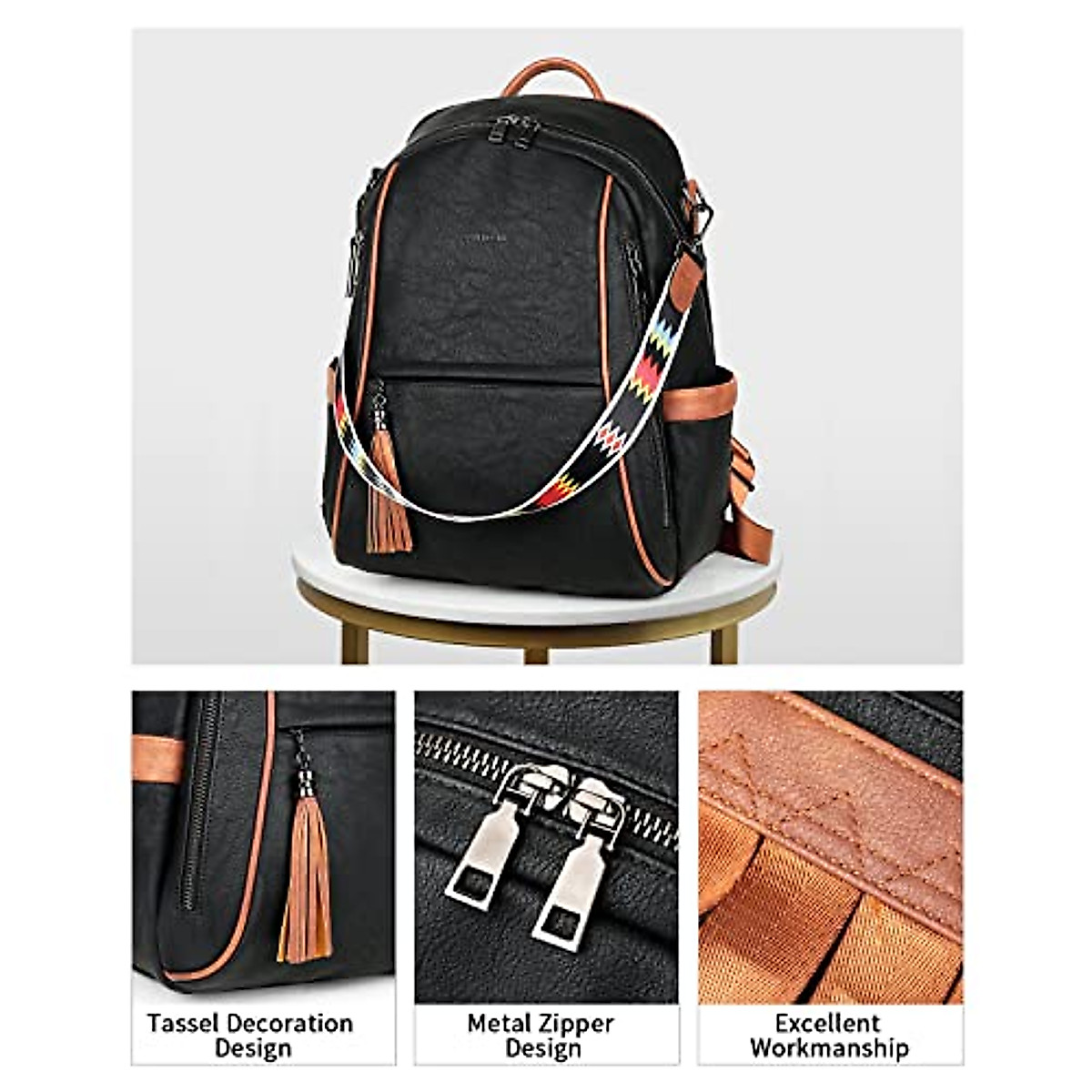 FADEON Leather Laptop Backpack Purse for Women Laptop Backpacks, Designer Mutiple Pockets Ladies Shoulder Bags Black