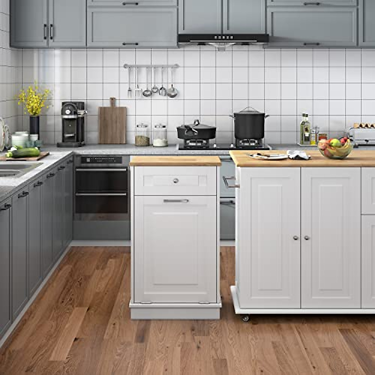 Goodyo Tilt Out Kitchen Trash Can Cabinet Wooden Trash Can Holder, Oak Top ,White w/ Drawer