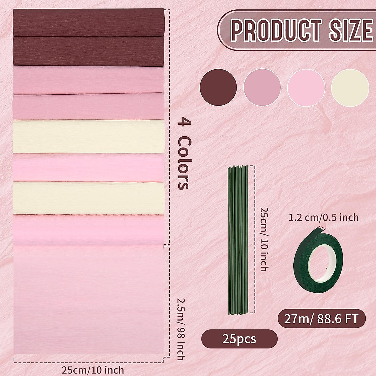 8 Rolls Crepe Paper Rolls, 10 x 98Inch 4 Colors Wide Crepe Paper Sheets with Floral Stem Wire and Green Floral Tapes for DIY Gift Wrapping Paper Crafts (Pink & Brown）
