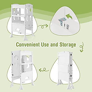 HONEY JOY White Kitchen Step Stool for Toddlers, Children Wooden Kitchen Tower Helper w/Safety Rail, Extra Kitchen Toys, Montessori Foldable Kids Learning Standing Tower for Kitchen Counter(White)