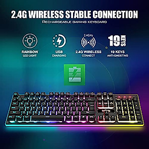 RedThunder K10 Wireless Gaming Keyboard, Rechargeable 3000mAh 2.4G LED Backlit Wireless Keyboard, Ergonomic Keyboard with Mechanical Feeling Keys for PC PS4 Xbox One Mac, Teclado Gamer, Black