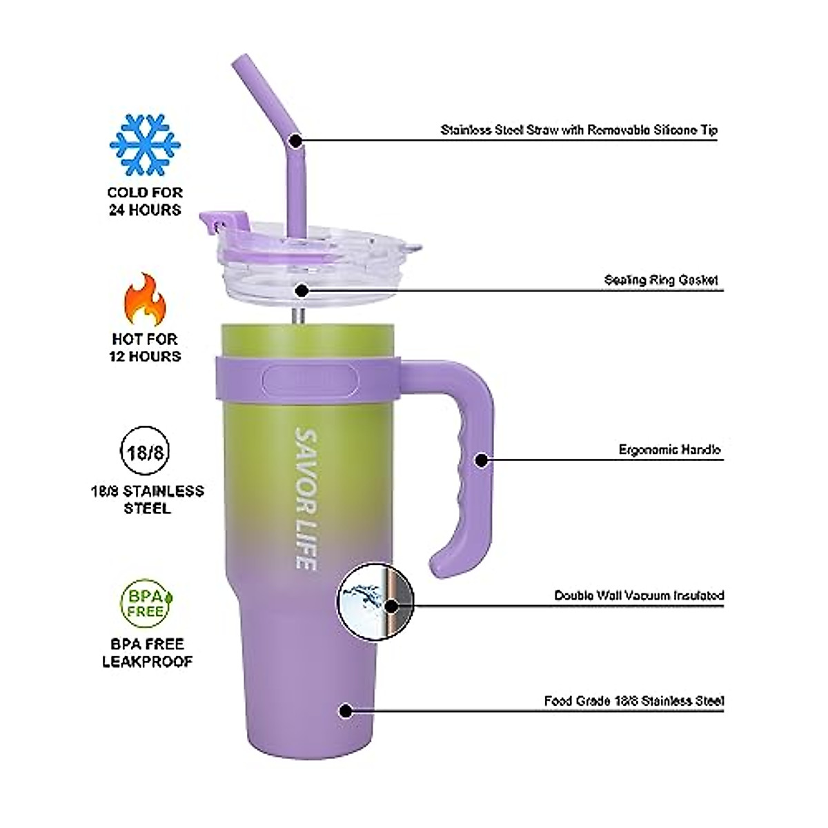 GiNT 40 oz Tumbler with Handle, Stainless Steel Insulated Tumbler with Lid and Straw, Double Vacuum Leak Proof Travel Coffee Mug - Green Purple