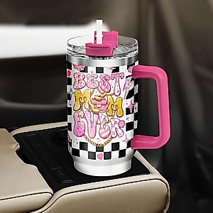 99WHALE Best Mom Ever Gifts, Mom Fashion Checked Nutrition Facts, Tumbler 40 Oz With Handle Lid And Straw, Steel Cups Green Parade Camelia Print Stainless Simple Red Rose Gold Water