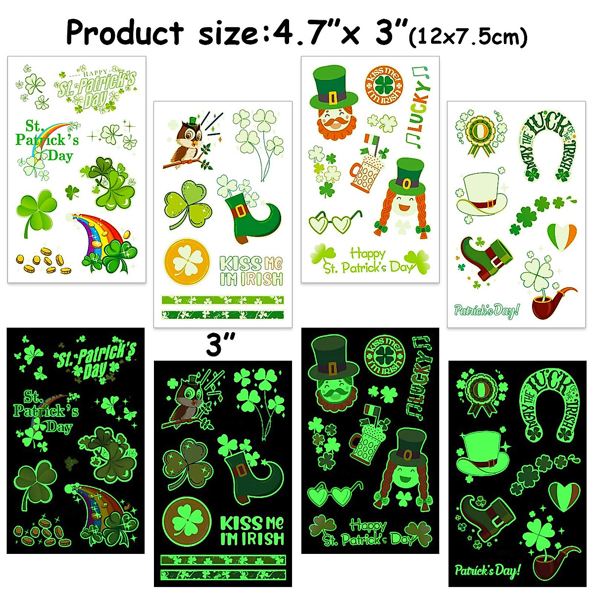 St.Patricks Day Tattoos, 12 Sheets Kids Glow in Dark Tattoos, 100+ Pcs St Patricks Day Stickers, St. patrick's Day Temporary Tattoos Shamrock, Amazing Irish St Patricks Day Decorations Party Favors